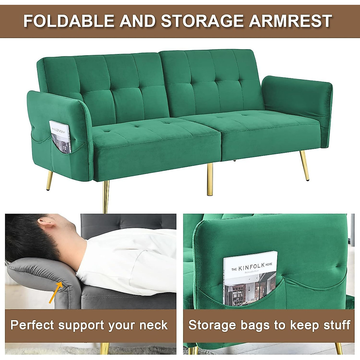 WinJoy Convertible Futon Sofa Bed with Folded Arms, Multi-Functional Velvet Sleeper Bed Reversible Couches with Storage and Adjustable Backrest, Armrests for Living Room, Apartment, Small Space Green
