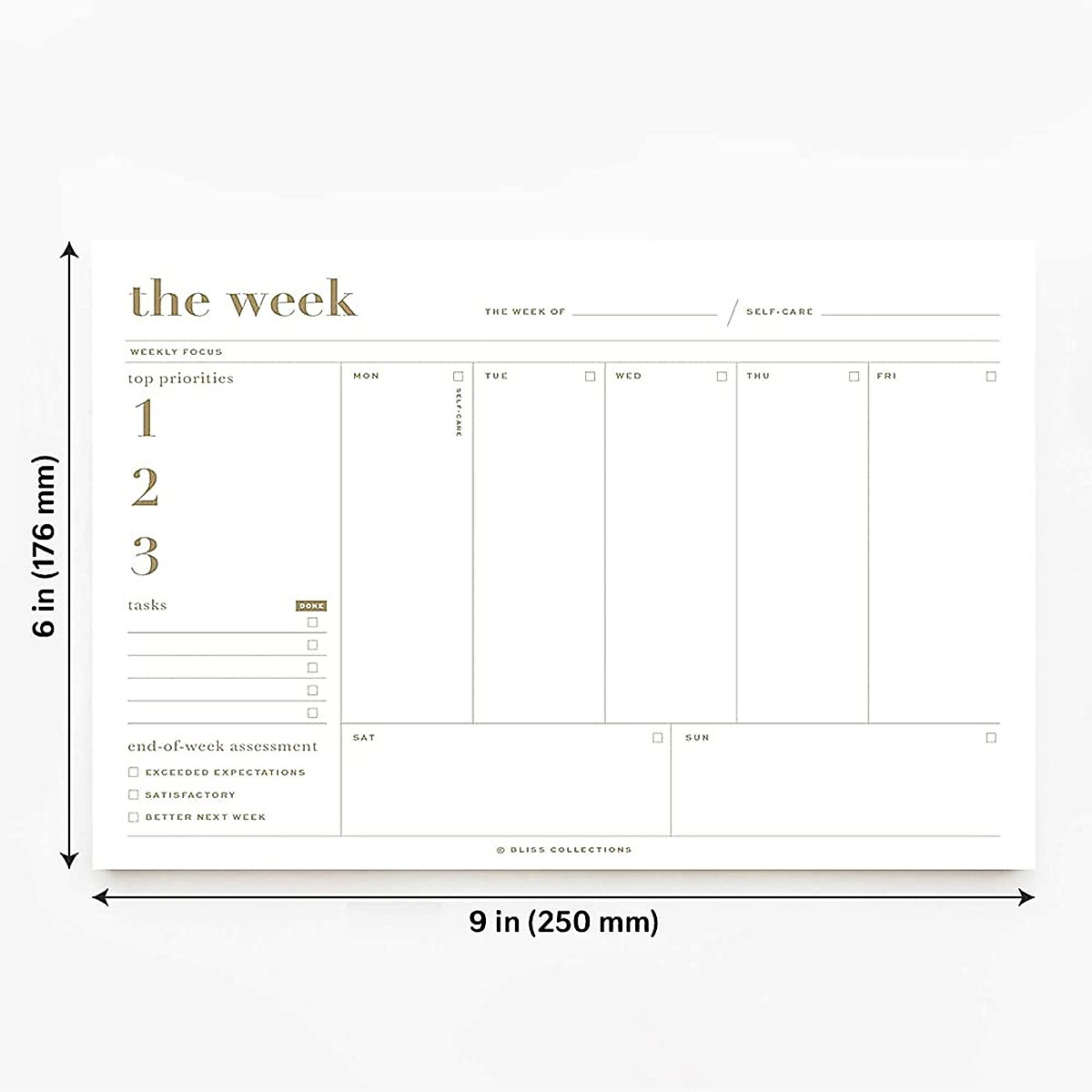 Bliss Collections Essential Weekly Planner - 6x9 w/ 50 Undated Tear-Off Sheets, Gold Organizer Notepad for Productivity, Tasks, Personal Habit, & More