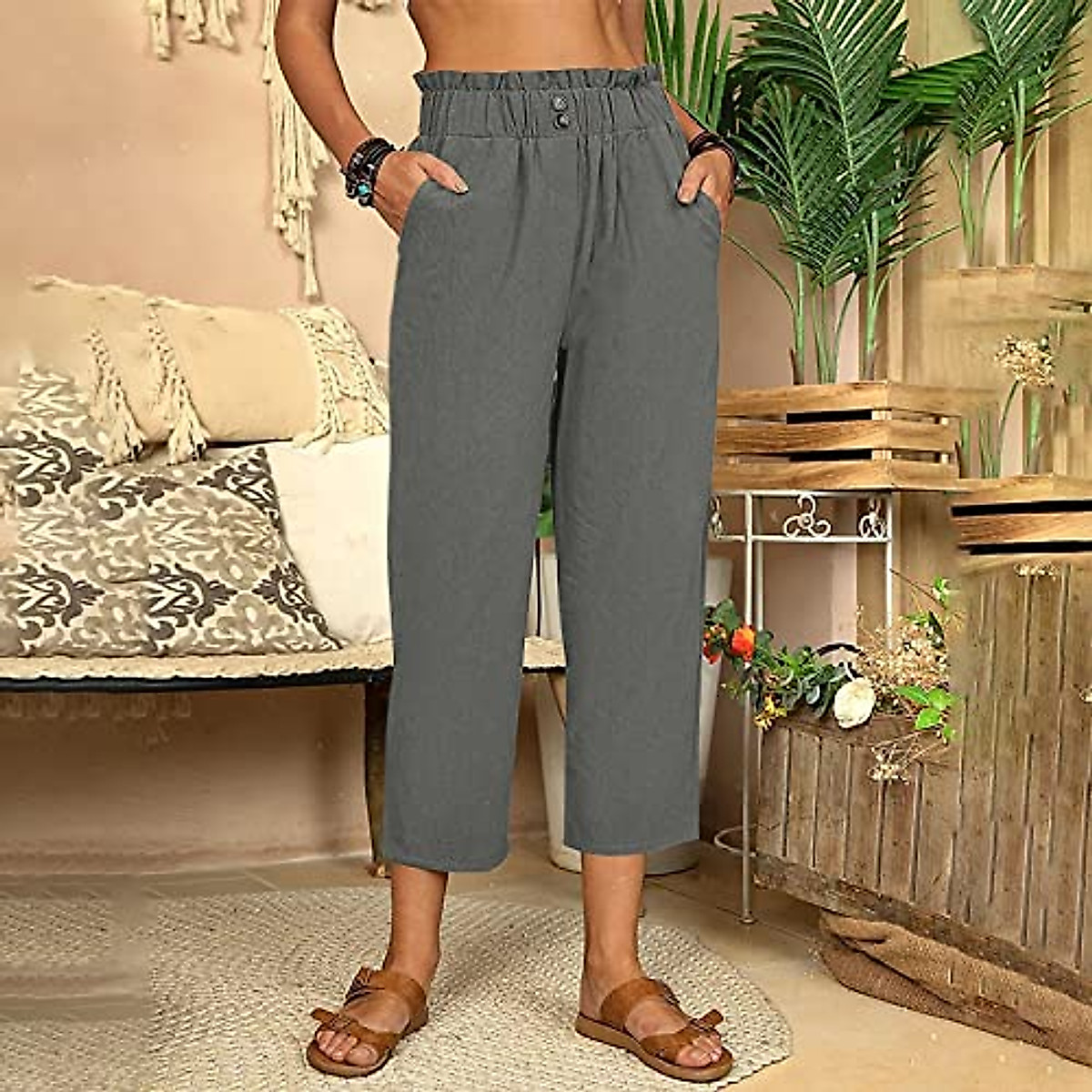 Elastic High Waisted Capris for Women Casual Loose Comfy Summer Cotton Linen Pants Wide Leg Cropped Trousers