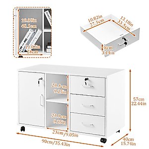 TUKAILAi Mobile File Cabinet with 3 Drawers and 1 Door, Lateral Stationery Letter A4 Size File Organization Unit for Home Office, Printer Stand with Open Storage Shelf and 4 Wheels (White)