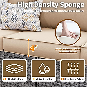 VONZOY 6 Pieces Patio Furniture Set with 44" Gas Fire Pit Table, Outdoor Sectional Conversation Sets, All-Weather Wicker Rattan Sofa w/Gas Fire Pit, Ottoman, Thick Cushion Khaki