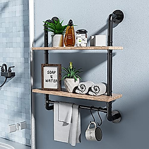 SDMETEI 24 Inch Industrial Pipe Shelf Bathroom Shelves, Rustic Wood Shelf with Towel Bar 2 Tier Farmhouse Industrial Pipe Shelving Towel Rack Over Toilet for Storage