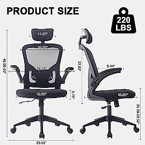 SUKIDA Office Chair with Headrest - Ergonomic Office Chair with Neck Support, Black Mesh Computer Desks Chairs Wheels Back Support Back Pain Comfortable Flip Up Arms Comfy for Home Bedroom