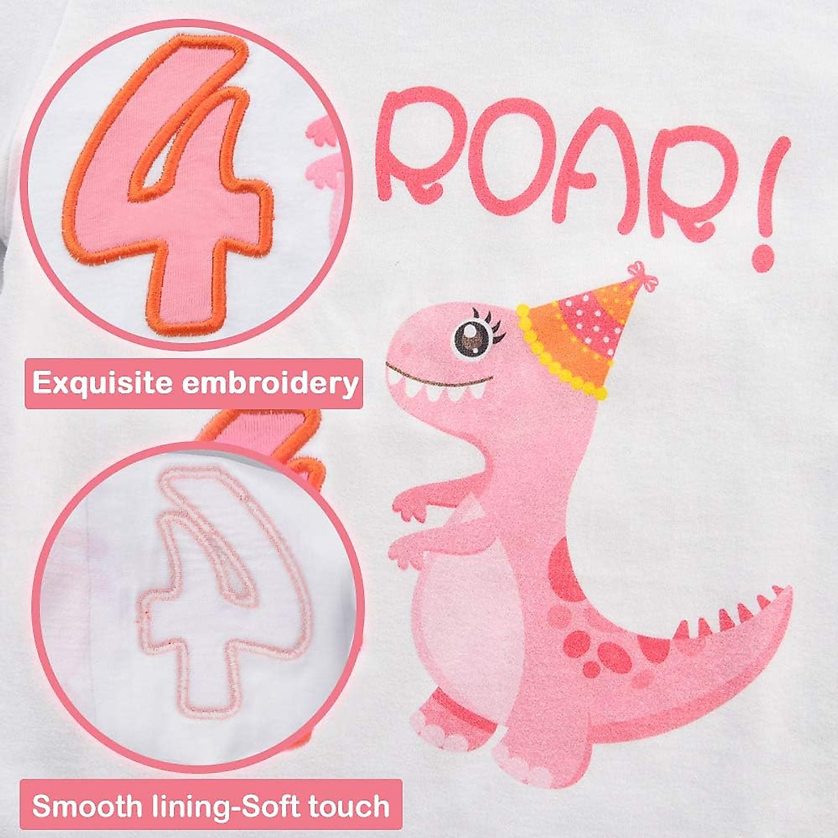 AMZTM 4th Birthday Girl T-Shirt Dinosaur Themed B-Day Party Tee Gift for Toddler (US, Age, 4 Years, White)