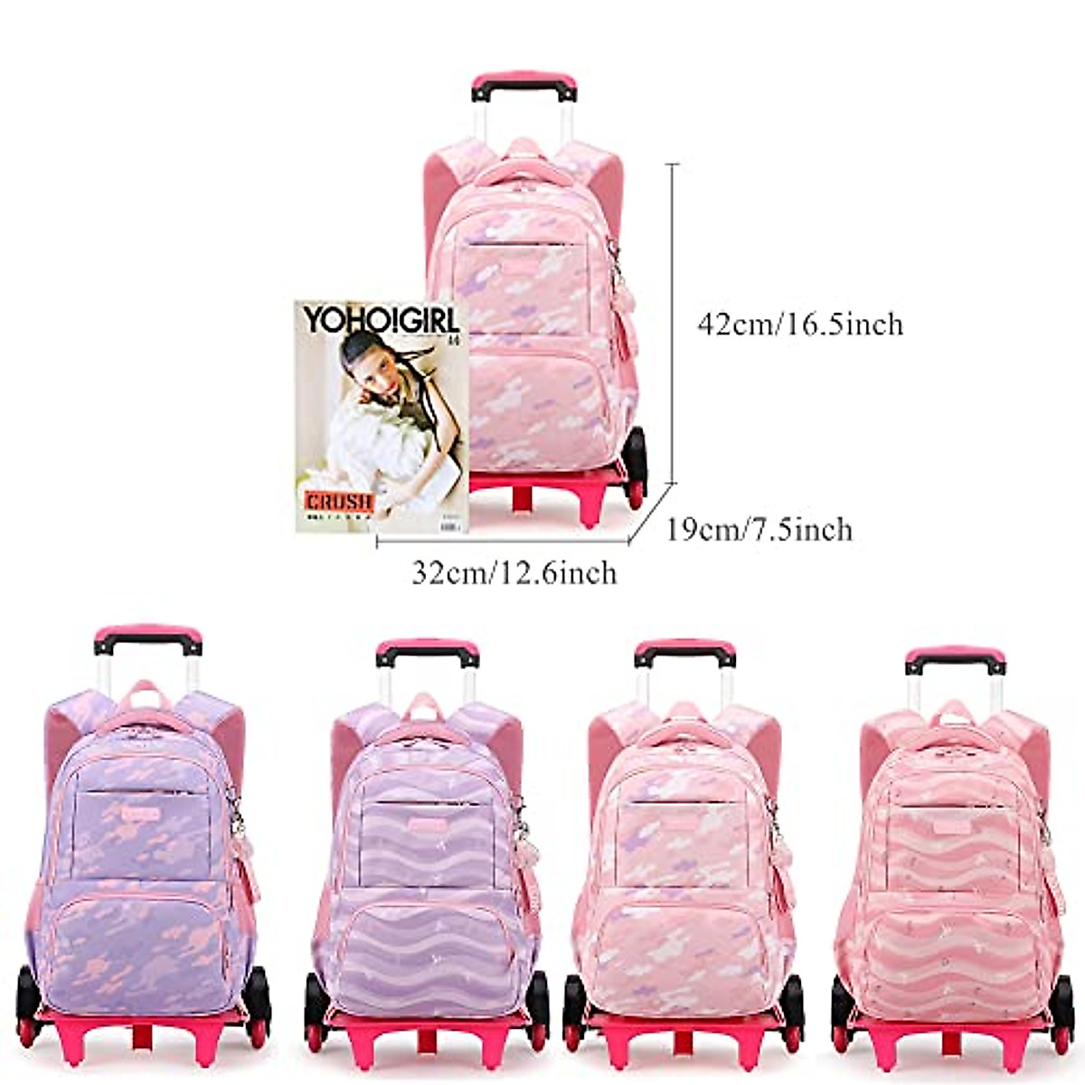 Rolling Backpack for Girls Elementary School Students with Wheels Bookbags Kids trolley Tie Rod Schoolbag Teens Travel Bag