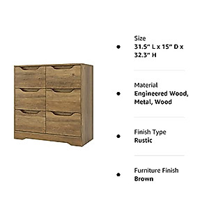 URKNO Modern 6 Drawer Dresser, Double Chest of Drawers with Storage, 3+3 Clothing Organizer with Cut-Out Handle, Dresser Chest, Wood Storage Cabinet for Living Room, Bedroom, Hallway, Rustic Brown