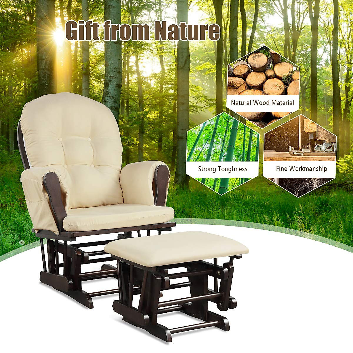 Costzon Nursery Glider with Ottoman, Upholstered Comfort Glider Rocker with Padded Cushion, Storage Pocket, Solid Wood Base, Rocking Chair Nursery for Breastfeeding, Maternity, Napping (Beige)