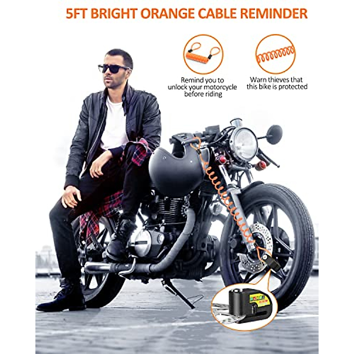 Onvian Motorcycle Lock with Alarm, Waterproof Motorcycle Locks Anti Theft for Motorcycle Bicycle Bike Scooter E-Bikes Wheel 6.7mm Disc Brake Rotor Lock 5FT Reminder Cable (Black)