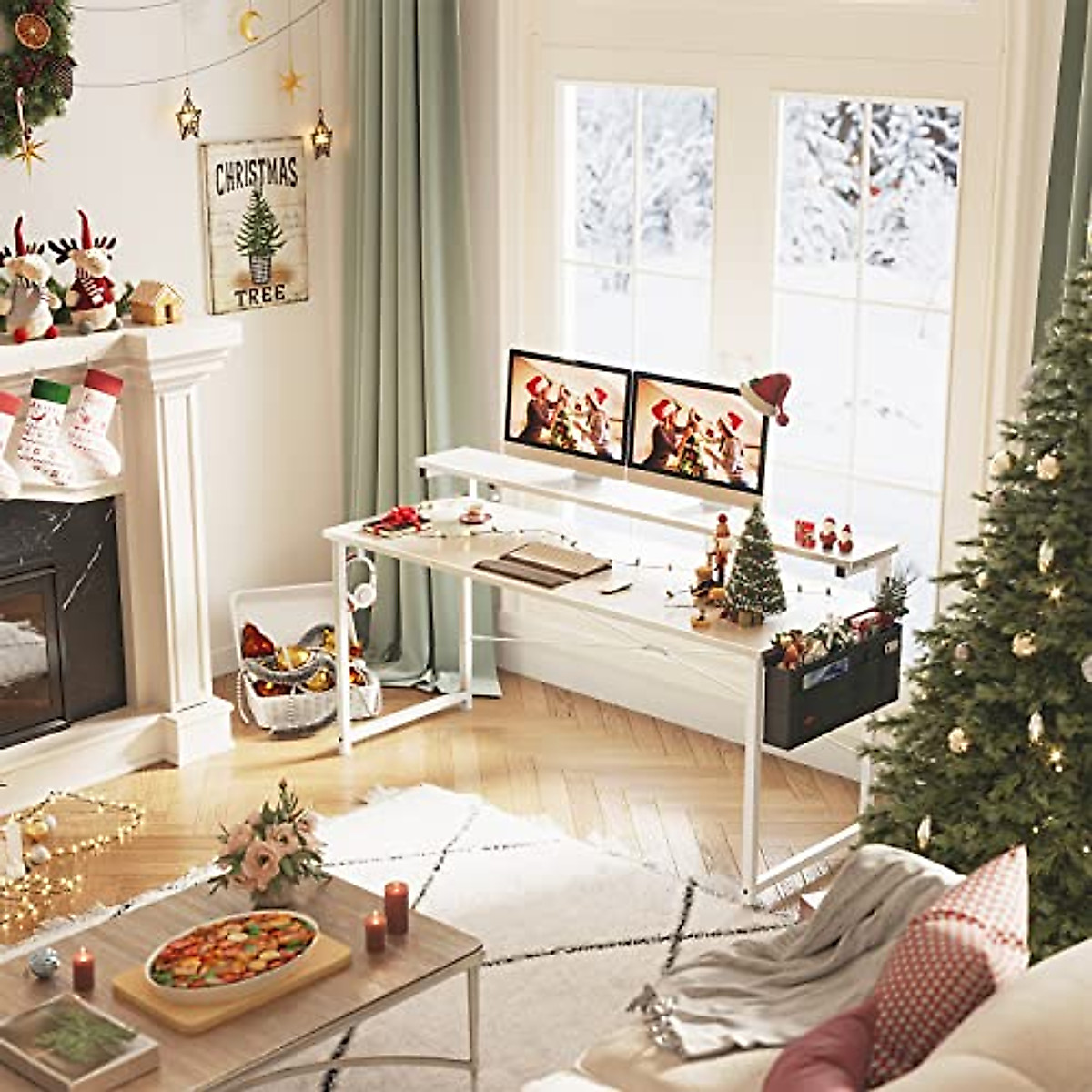 ODK Computer Desk with Adjustable Monitor Shelves, 63 inch Home Office Desk with Monitor Stand, Writing Desk, Study Workstation with 3 Heights (10cm, 13cm, 16cm), White + White Leg