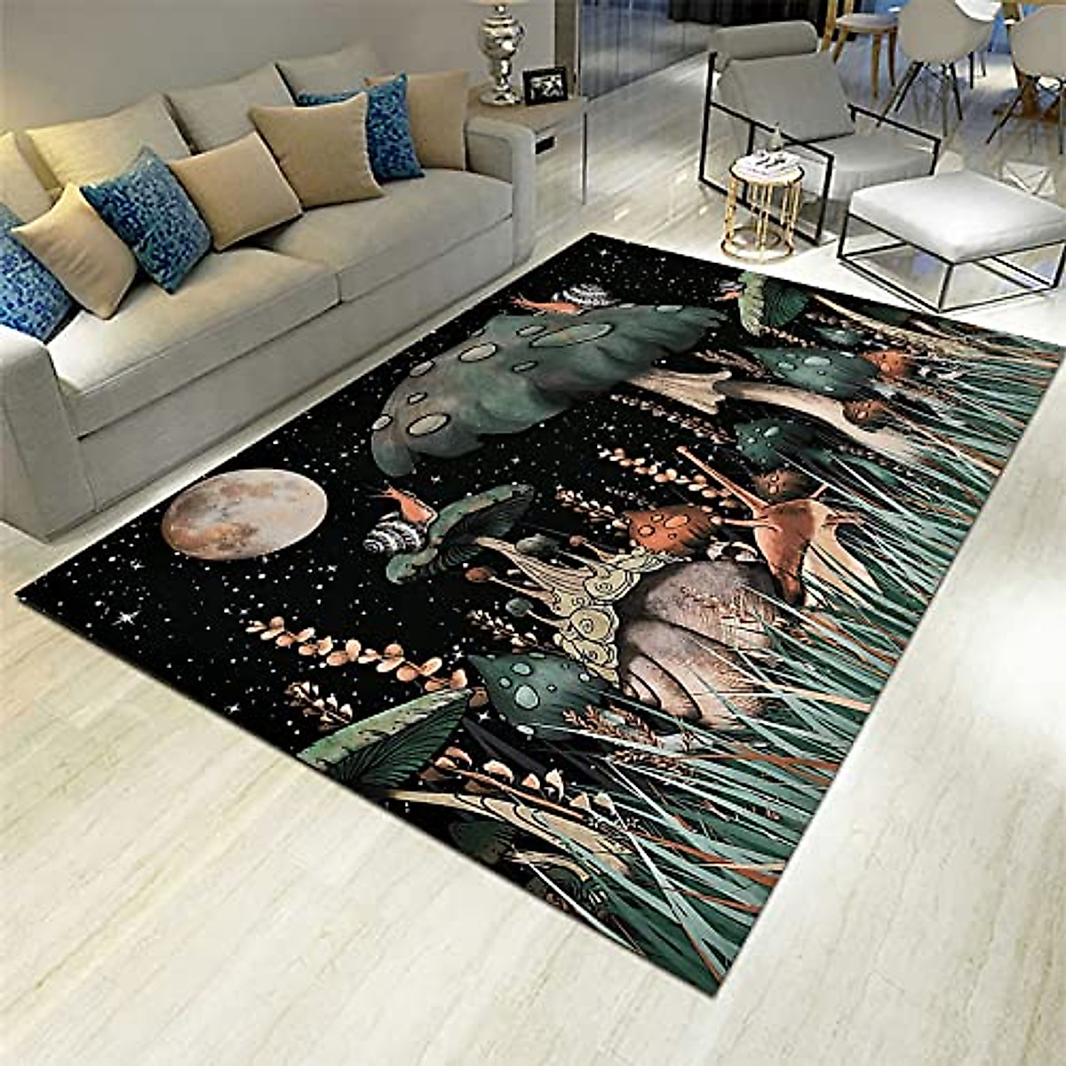 LGGQQW Trippy Area Rug Mushroom, Fairy Carpet Moon and Star Rug Snails Fantasy Area Rug for Bedroom Livingroom Plants and Leaves Home Decor, 20inch x 32inch