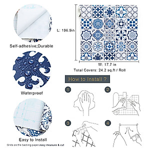 197"x 17.7"Blue Pattern Contact Paper Glossy Surface Waterproof Contact Paper Decorative Self Adhesive for Kitchen Bathroom Counters Removable Counter Paper Peel and Stick Wallpaper Easy to Clean