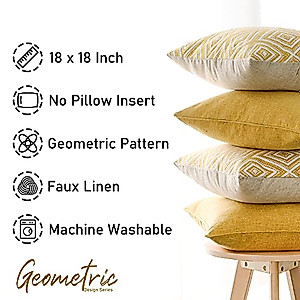 HPUK Decorative Throw Pillow Covers Set of 4 Geometric Design Linen Cushion Cover for Couch Sofa Living Room, 18"x18" inches, Ochre