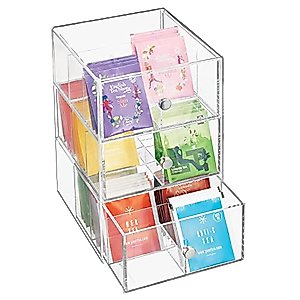 mDesign Plastic Wide Kitchen Pantry, Cabinet, Countertop Organizer Storage Station with 3 Drawers for Coffee, Tea, Sugar Packets, Sweeteners, Creamers, Drink Pods, Packets; 18 Sections - Clear