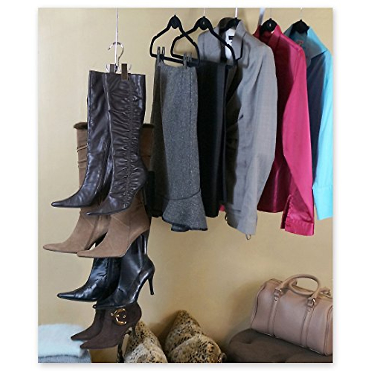 NEW IMPROVED SYSTEM- Boot Stax: Vertical Hanging Boot Rack, Boot Storage, Boot Organizer: 1 Vertical Rod that Swivels + 6 Silver Boot Hangers (Silver)
