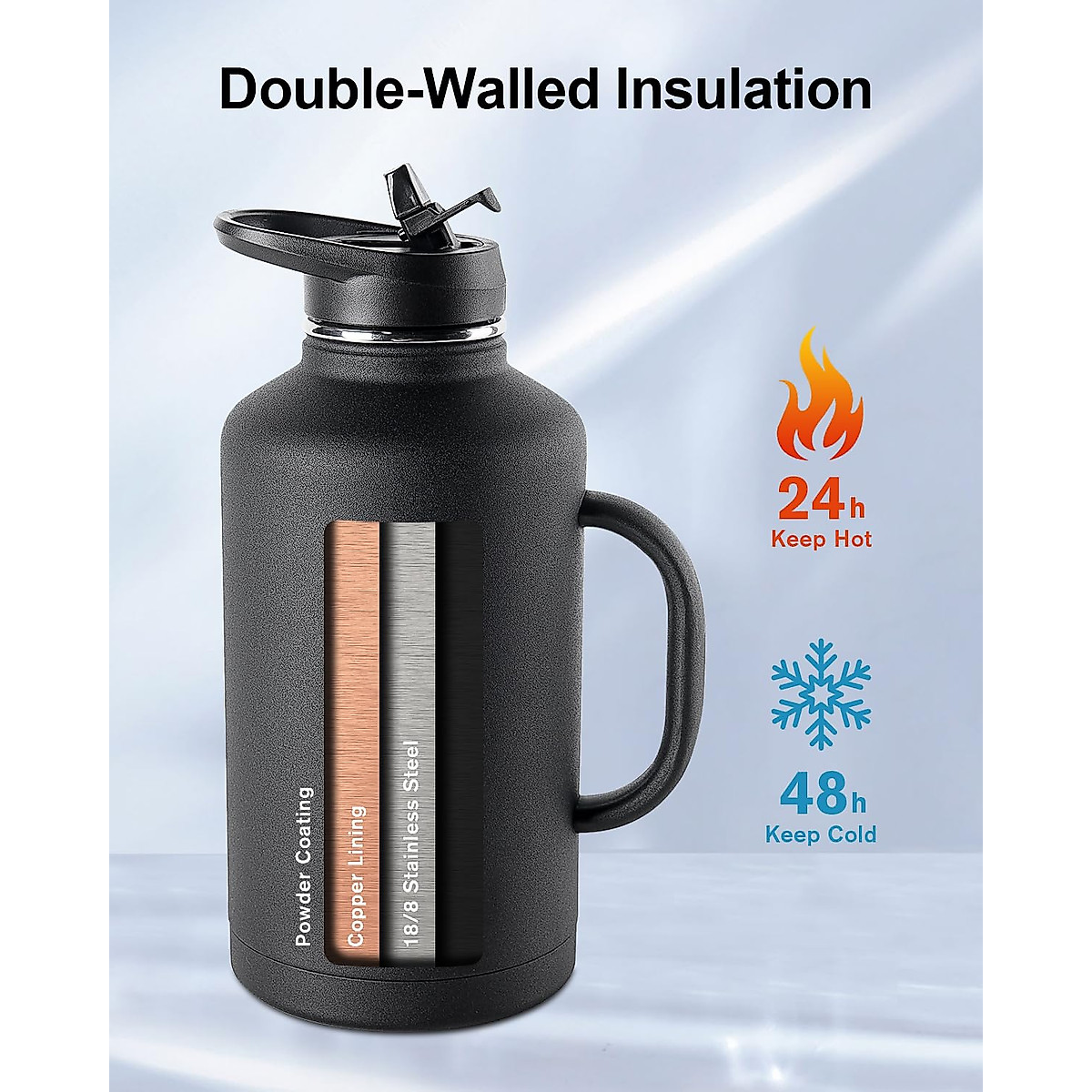 Trebo 64oz Water Bottle Insulated with Straw & 2 Lids,Half Gallon Double Wall Vacuum Stainless Steel Metal Large Jug with Handle,Wide Mouth Flask Mug with Carry Pouch,Keep Cold Hot,Black