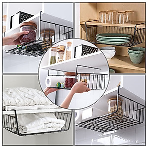 Tebery 4 Pack Black Under Shelf Wire Basket, Hanging Storage Baskets Under Cabinet Add-on Storage Racks, Slide-in Baskets Organizer for Kitchen Pantry Desk Bookshelf