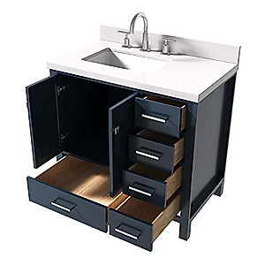 ARIEL 37" Midnight Blue Bathroom Vanity with 1.5" Edge Pure White Quartz Countertop & Backsplash, Left Rectangular Sink, 2 Soft Closing Doors, 5 Full Extension Dovetail Drawers, Satin Nickel