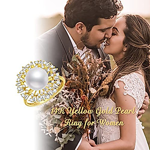 14K Solid Gold 9MM Freshwater Cultured Pearl Ring for Women,Yellow Gold 5A CZ Flower Engagement Ring/Wedding Band/Wedding Anniversary Birthday Gifts for Her,Size 5-11 (Style-1, 6)