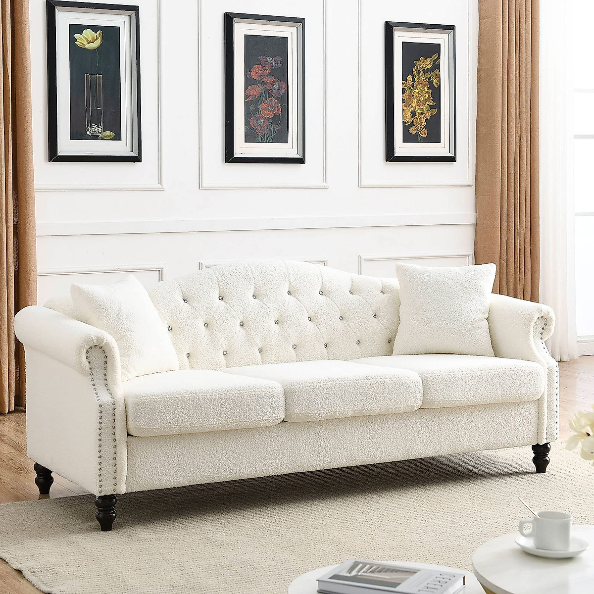 CALABASH 80" Chesterfield Sofa Teddy Tufted Couch with Two Pillows,3 Seater Sofa with Rolled Arms and Nailhead for Living Room, Bedroom, Office, Apartment(Teddy White, Sofa)