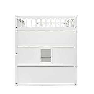 BOVZA Full Size Wood House Loft Bed with Ladder, Kids Playhouse Bed with Window for Girls Boys, White+Gray