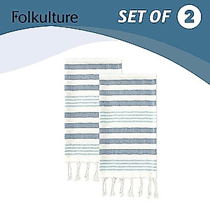 Folkulture Hand Towels for Bathroom, Set of 2 Decorative Hand Towels with Hanging Loop, 100% Cotton Turkish Hand Towels Set or Boho Hand Towels for Kitchen 16" x 30" Inches (Fiji - Aqua)