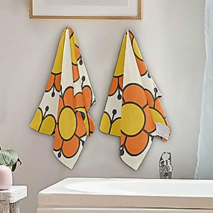 ALAZA Washcloths Set of 2, Retro Orange and Yellow Color 60S Flower Dish Towels and Dish Cloths for Face, Hand, Kitchen & Cleaning, 28 x 14 inch