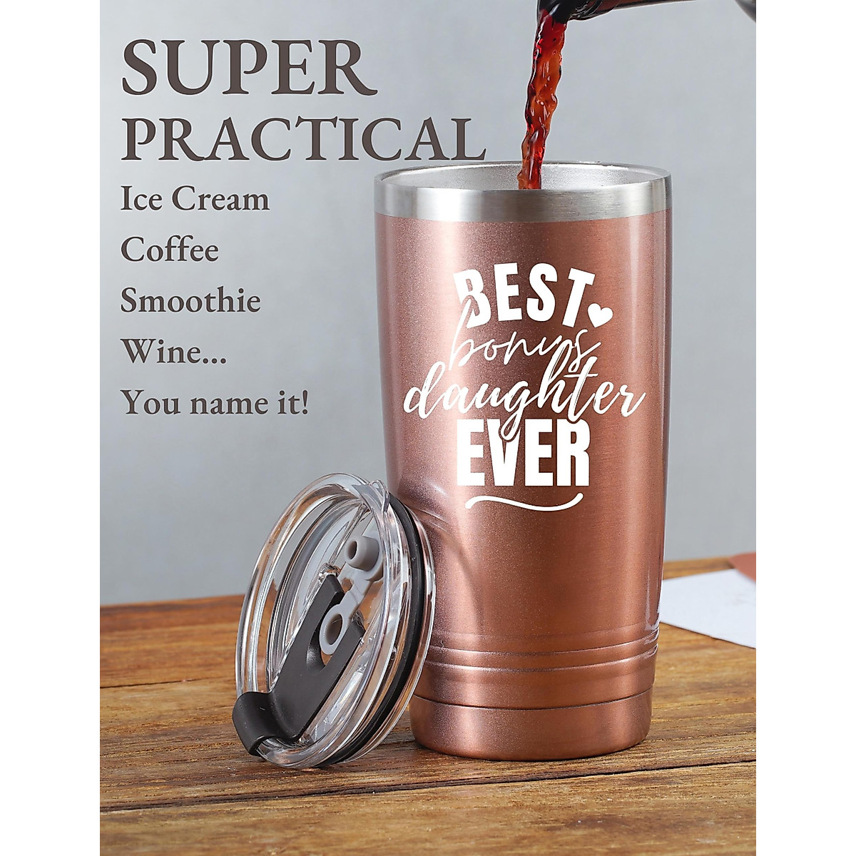 Onebttl Bonus Daughter Gift - 20oz Stainless Steel Travel Mug With Lid and Straw, Rose Gold - Best Bonus Daughter Ever for Birthday, Christmas or Thanksgiving