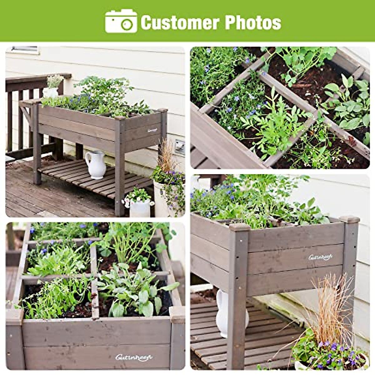 GUTINNEEN Raised Garden Bed for Herbs, Patio Elevated Flower Planter Vegetable Boxes with Grow Grid - Large Storage Shelf Brown