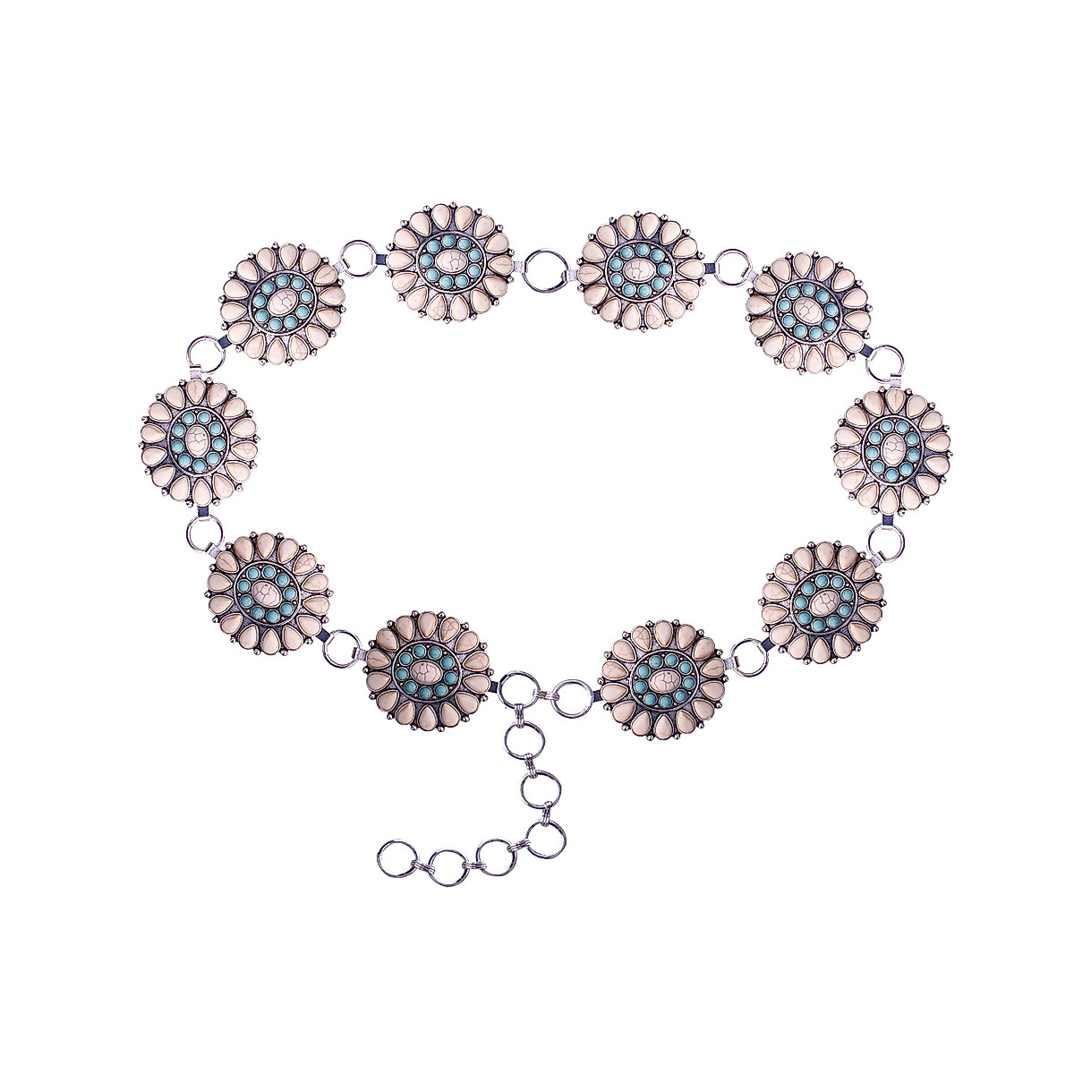 Western Turquoise Flower Concho Chain Belt No.19 (White/Turq)