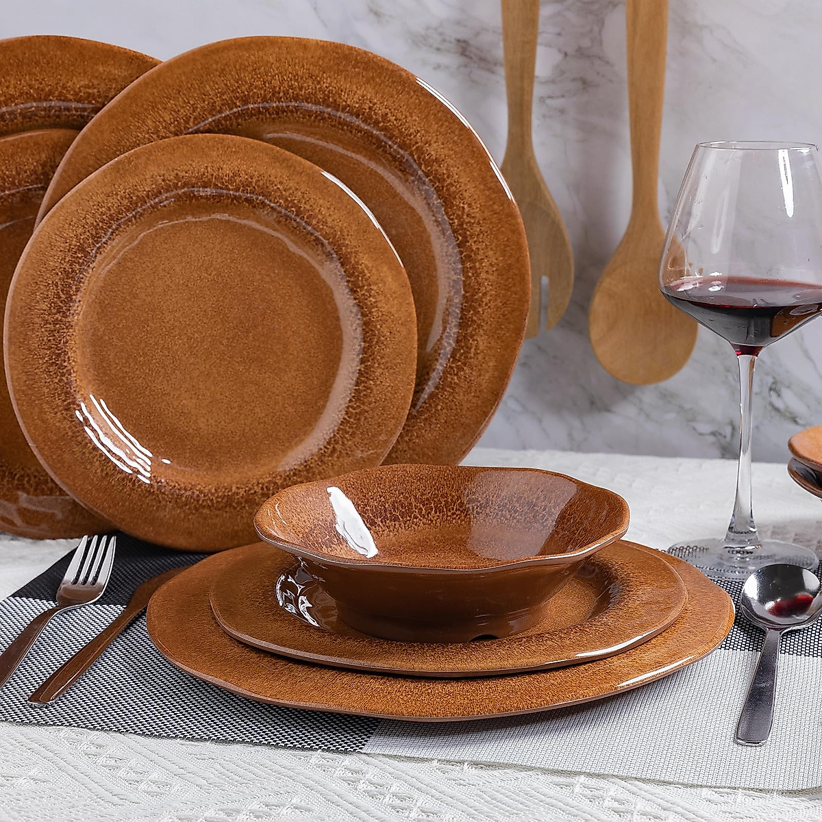 LEHAHA Brown Dishes Melamine Dinnerware Sets, 12 Piece Plates and Bowls Sets for 4, Unbreakable outdoor dishes dinnerware sets for Picnic, Camping and Eentertaining Dishes Set Service For 4