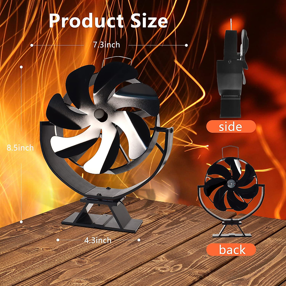 Holldoor Wood Stove Fan, Heat Powered with 3 Speeds, Black, Modern Style, Silent, Floor Mount, Metal, Painted or Powder Coated Finish, Includes Remote, Ideal for Wood Stoves, Air Circulation