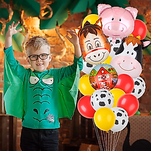 Farm Animal Balloons Set Pig Cow Horse Donkey Head Shaped Mylar Foil Cow Print Latex Balloon for Barnyard Farm Theme Birthday Party Supplies Decorations