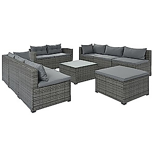 KASUE Outdoor PE Wicker Sofa 9-Piece Set - Perfect for Outdoor Spaces, Gardens, and Poolside, Gray Wicker, Gray Cushion