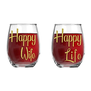 Happy Wife, Happy Life - 15oz Crystal Wine Glasses - Couples Stemless Wine Glasses – His And Hers Gifts Ideas For Anniversary, Weddings, Bridal Showers