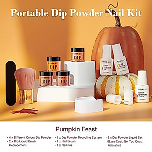 AZUREBEAUTY Dip Powder Nail Kit Starter, Orange Brown Glitter, 4 Fall Pumpkin Maple Dark Colors Set, French Halloween Nail Art Base Top Coat Activator Essential Liquid Manicure DIY Salon 12 PCS