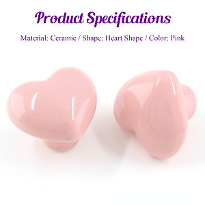 Qjaiune 2pcs Ceramic Cabinet Knobs Pink Drawer Knobs, Heart Shaped Dresser Knobs Cute Kitchen Cabinet Pull Handles, Small Vanity Knobs Hardware Closet Cupboard Knobs for Kids Girls Children's Bedroom
