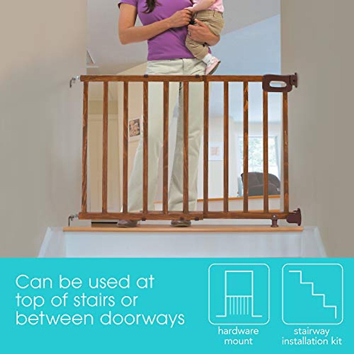 Summer Infant Deluxe Stairway Simple to Secure Wood Gate, 32” Tall Fits Openings up to 30” to 48” Wide Baby and Pet Gate for Hallways, Doorways and Stairways, Oak