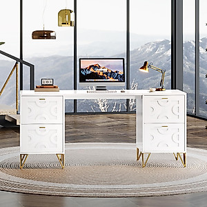 Tribesigns White and Gold Desk with Drawers, 59'' Modern Computer Desk with File Drawers, Work Desk with Storage, Simple Wood Desk with Gold Legs, Large Workstation for Home Office
