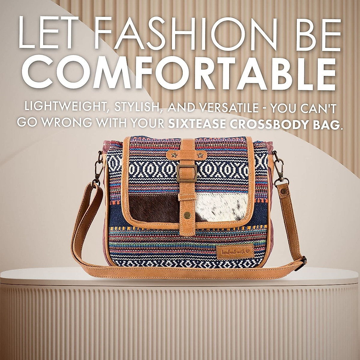 SIXTEASE Crossbody Bag for Women Vintage Style Genuine Leather, Upcycled Canvas, Rug, or Hair On - Cross Body Womens Bags with Inside Zipper Pockets - Paisley