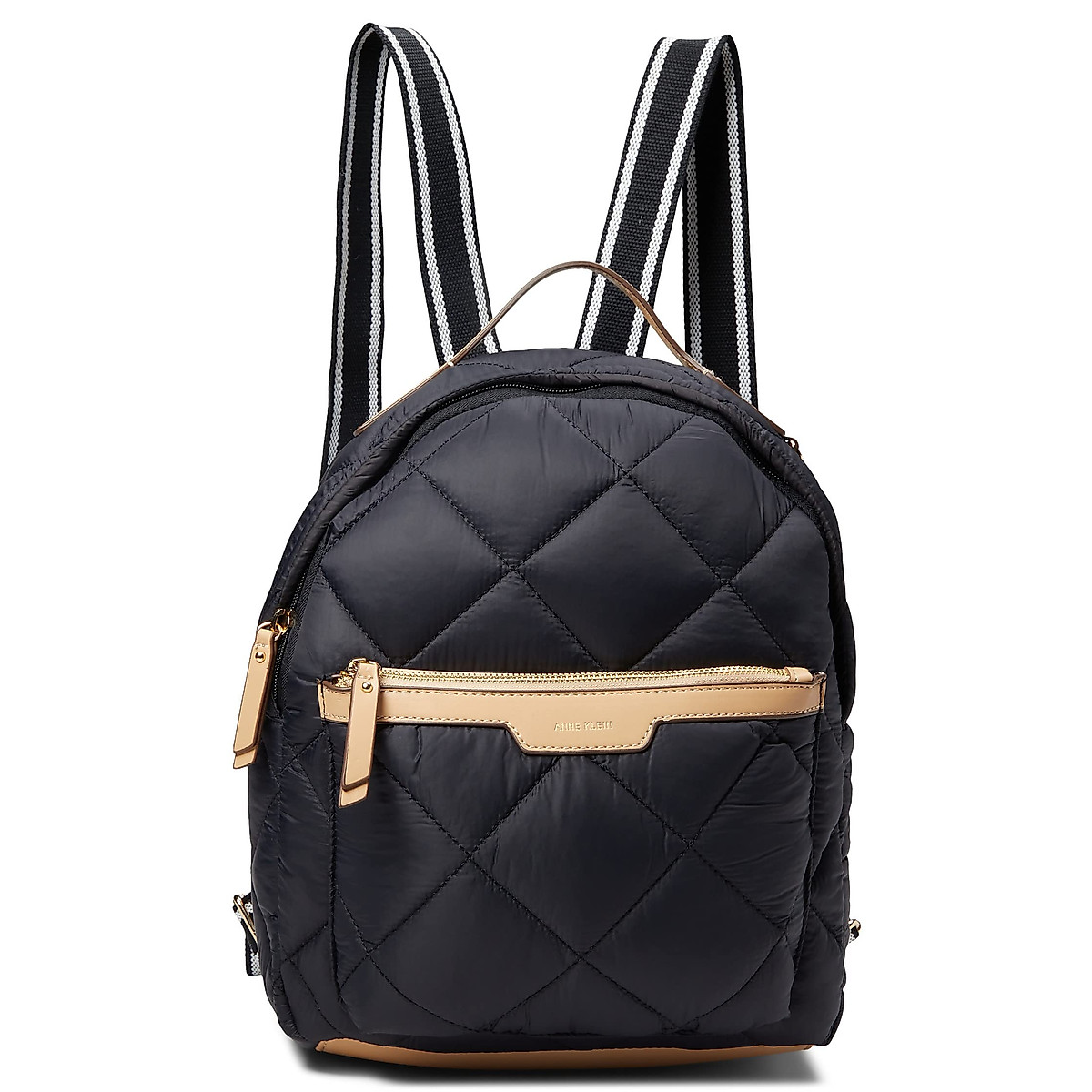 Anne Klein Quilted Nylon Backpack, Black/Warm Sand/Black-White Webbing