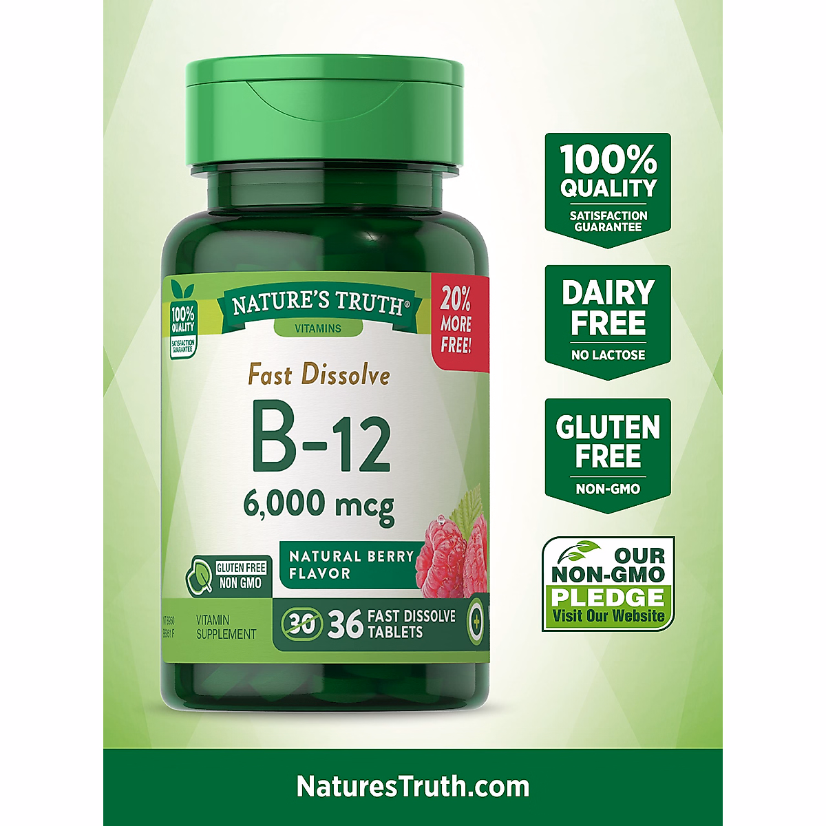 Nature's Truth B12 Vitamin 6000 mcg | 36 Tablets | Fast Dissolve Natural Berry Flavor | Vegetarian, Non-GMO & Gluten Free