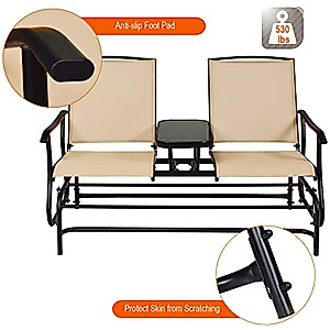 Giantex Patio Bench Glider Chair with Metal Frame, Center Tempered Glass Table, Outside Double Rocking Swing Loveseat for Porch, Garden, Poolside, Balcony, Lawn Rocker Outdoor Glider Bench(Beige)