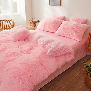 Fluffy Pink Twin Size Comforter Cover - Ultra Soft Plush Bedding Set With Faux Fur and Fuzzy Pillowcase for Girls Bedroom (Light Pink)