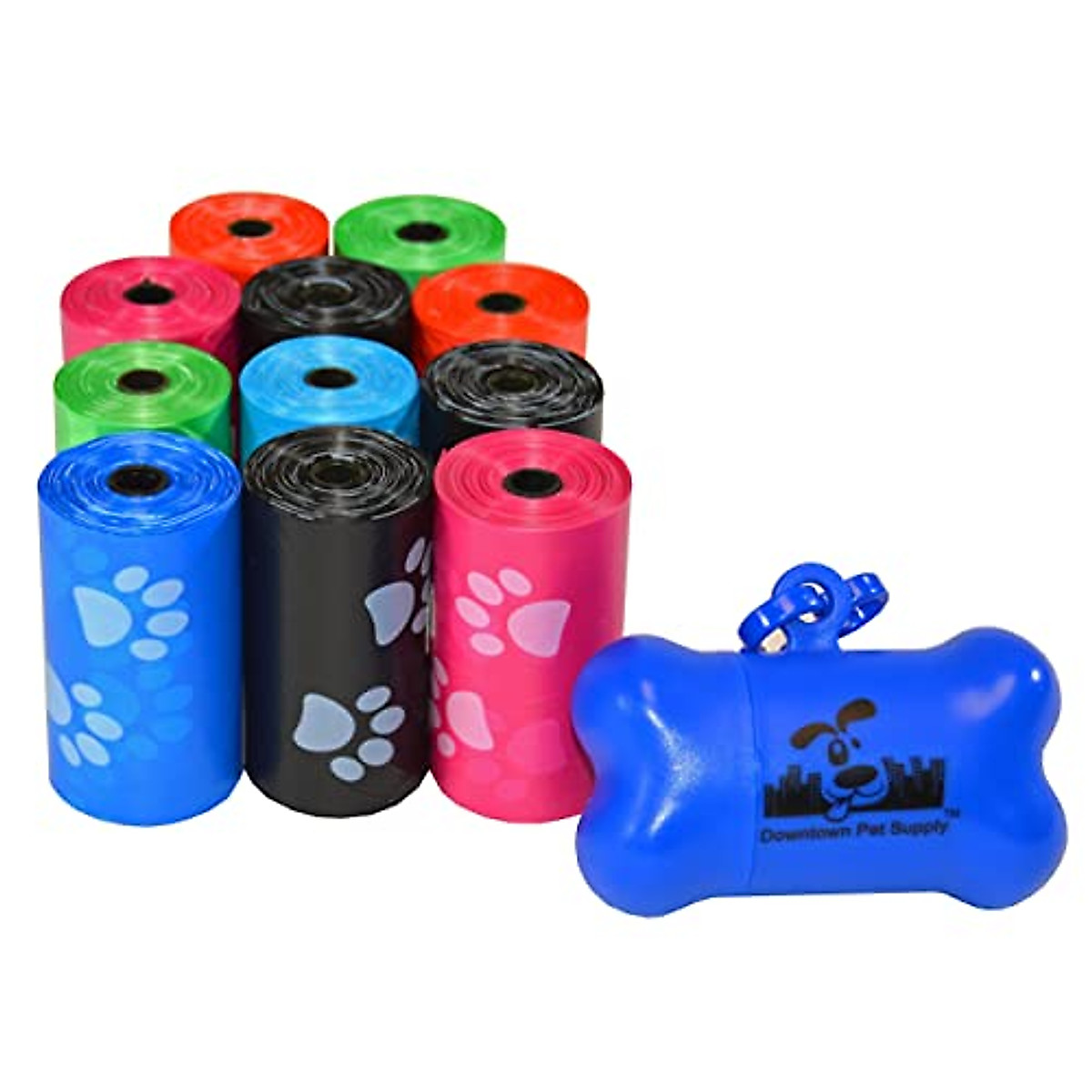 Downtown Pet Supply 220 Count Dog Poop Bags Refills with Leash Clip and Bone Bag Dispenser, Rainbow with Paw Prints - Dog Waste Bags Unscented and Leak-Proof with Dog Poop Bag Dispenser - 12.5 x 8.5"