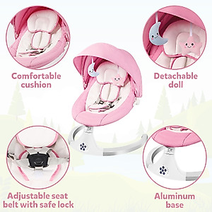 Electric Baby Swing for Infants to Toddler, Portable Baby Rocker Swinger for Newborn Boy and Girls Outdoor Indoor, 5 Swing Speeds Bluetooth Remote Control Music Speaker Lullaby Pink