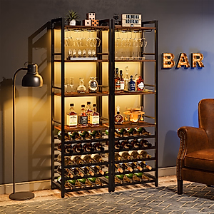 Tribesigns 20 Bottle Wine Bakers Rack, 9 Tier Freestanding Wine Rack with Glass Holder and Storage Shelves, Multi-Function Wine Bar Cabinet Bottle Holder for Kitchen, Dining Room, Rustic Brown