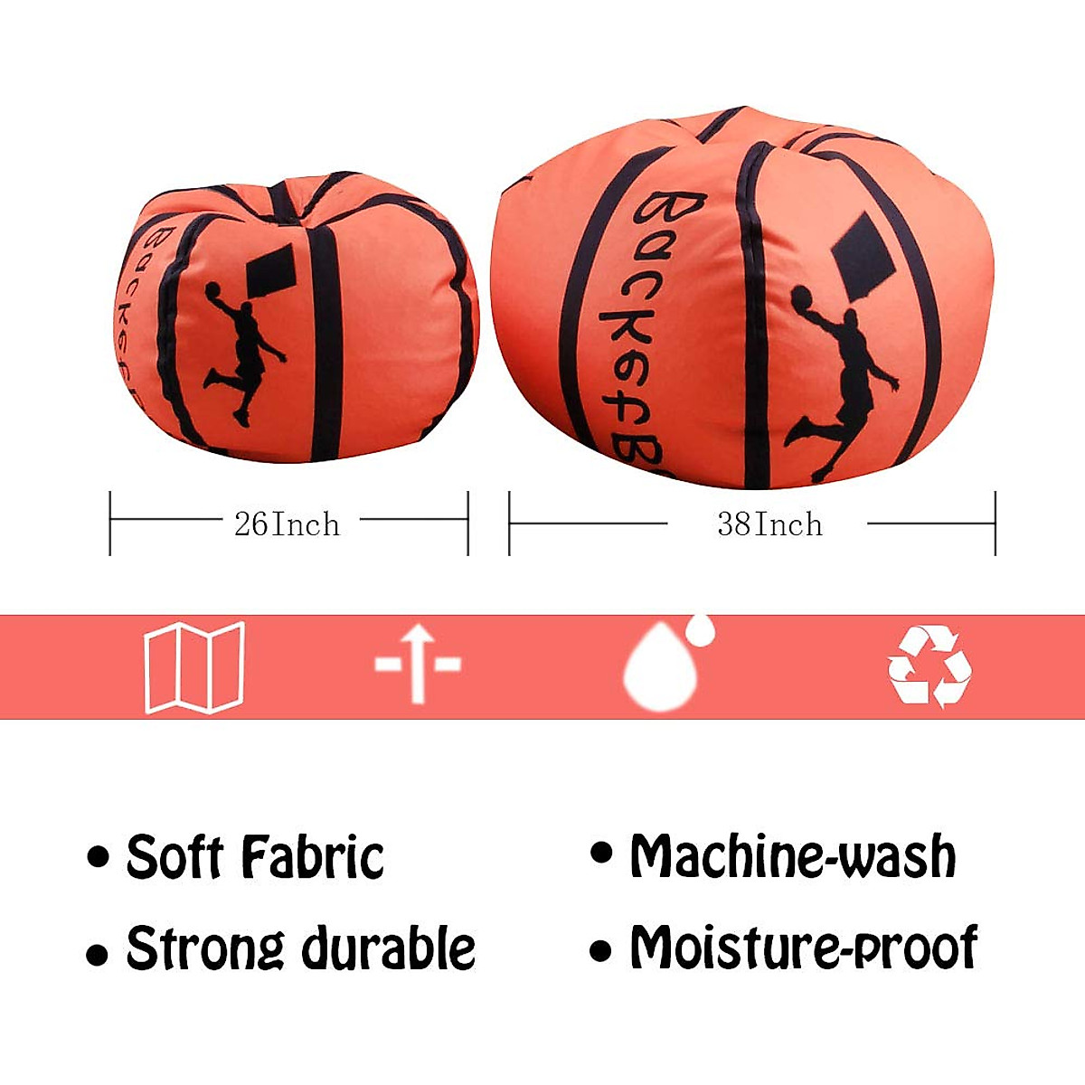 ArcticWhale 38 Inch Beanbag Cover Storage Bean Bag Chair Stuffed Animal Extra Large Blanket Plush Organizer for Kids Stuffed Seat Storage Sack Soft Smooth Polyester,Kid’S Room Originality，Basketball