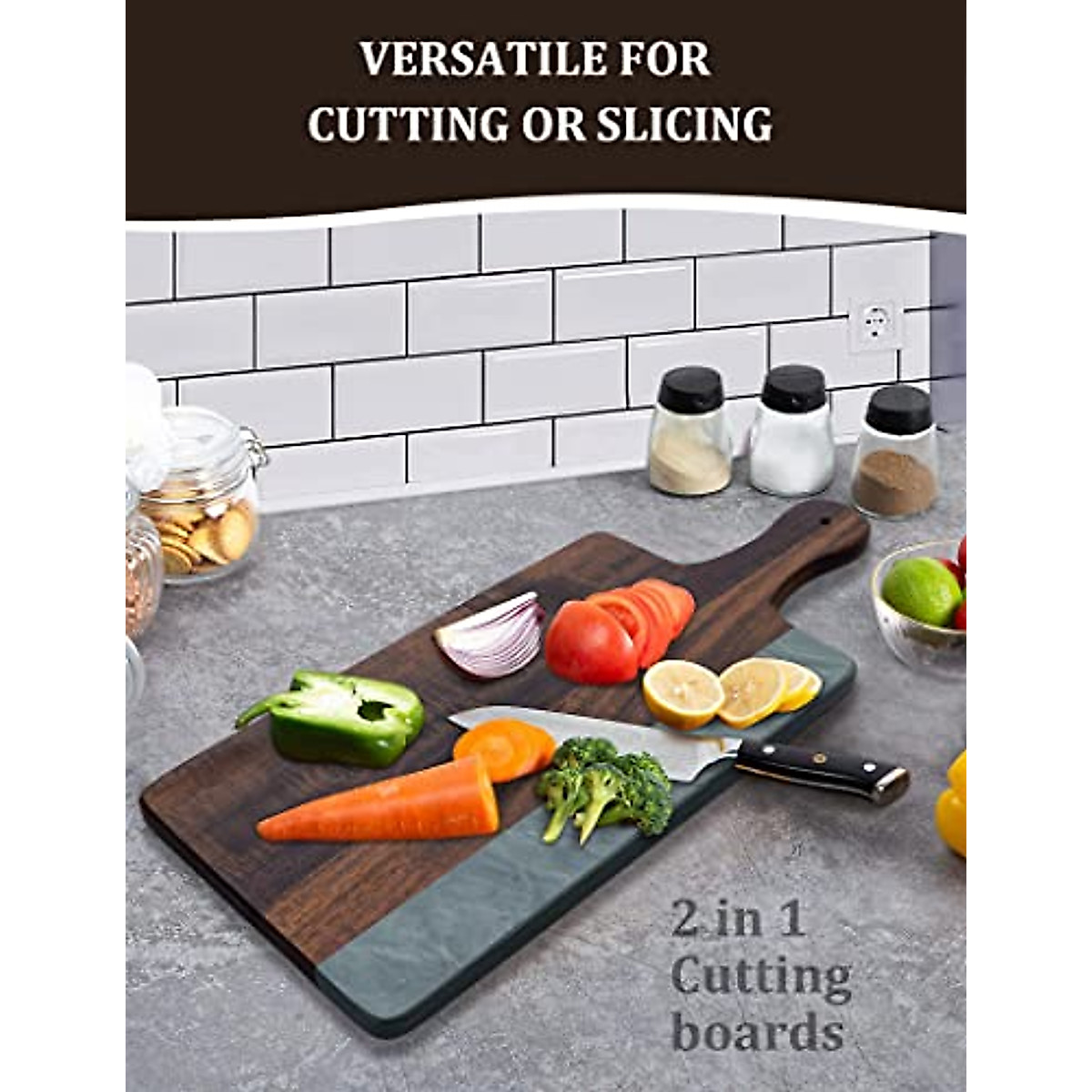 Fkksparkler Cutting Board with Marble and Wood, 16.5”X 7” Cheese Board with Handle,Serving board for Bread, Cheese, Meat, Fruits, and Vegetables, Charcuterie Boards for Kitchen as Serving Trays