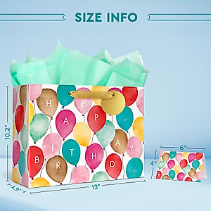 BGTCARDS Birthday Gift Bag with Tissue Paper and Card, Happy Birthday Gift Bags for Birthday, Party, Reusable Gift Bag for Presents with Handles - 13”x 10”x 5”, 1PCS