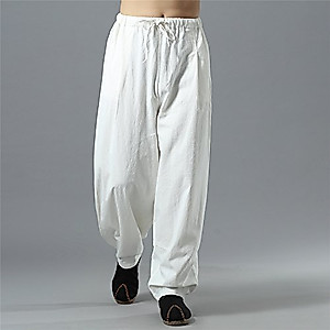 LZJN Men's Linen Drawstring Pant with Elastic Waistband (White, XL)